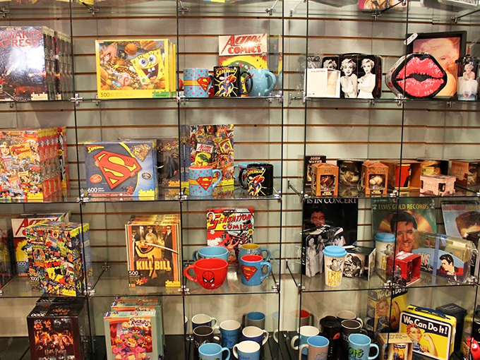 Music-themed Collectibles: Pop culture heaven in display cases &ndash; where Superman puzzles neighbor Kill Bill mugs and Beatles memorabilia awaits devoted fans.