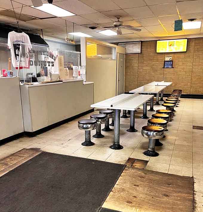 Simple, no-nonsense interior with classic counter seating where donut dreams come true and calories don't count before 10 AM.