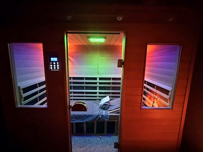 Modern meets ancient healing in the infrared sauna, where chromotherapy lights enhance the detoxification experience.