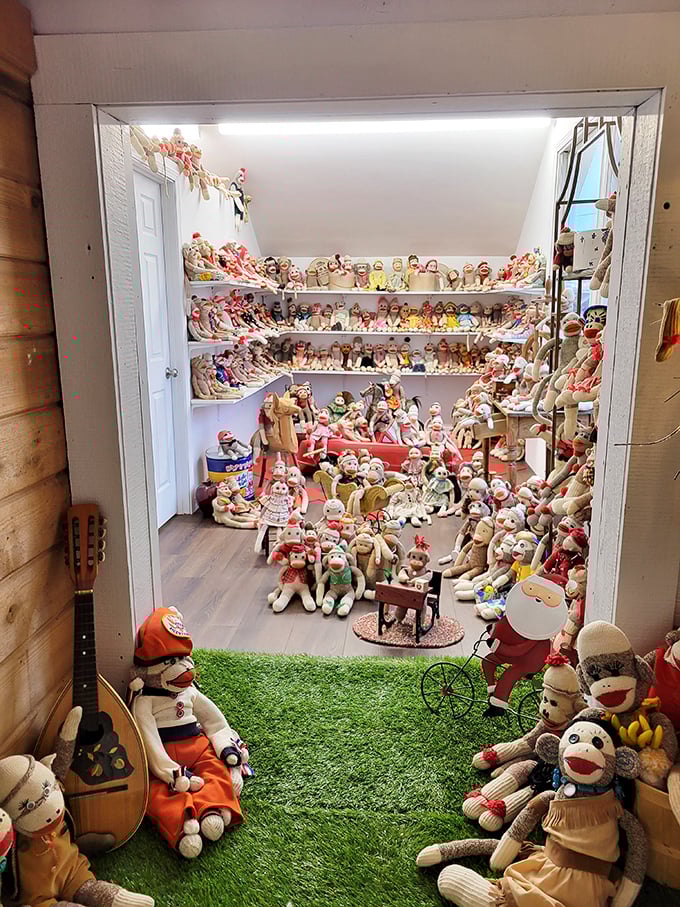 Step into sock monkey paradise – hundreds of button-eyed friends await in this room packed with vintage treasures.
