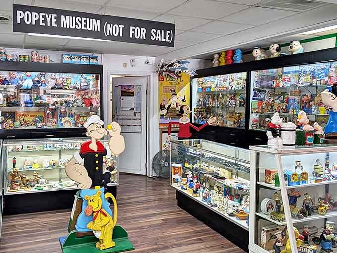 Inside Spinach Can Collectibles, every shelf and display case overflows with decades of Popeye treasures waiting to be discovered and admired.
