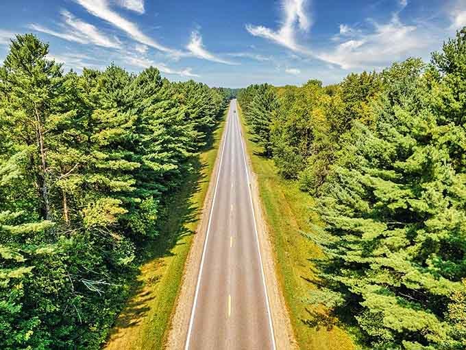 Towering pines stand sentinel along this pristine stretch of Minnesota blacktop, where the journey itself outshines any destination.