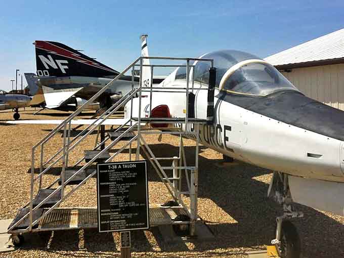 The T-38A Talon trainer jet, sleek as a silver bullet, once taught America's finest pilots how to dance among the clouds.