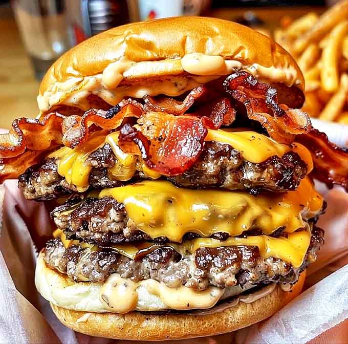 This triple cheeseburger defies both gravity and restraint &ndash; three beef patties, melted cheese, and crispy bacon create a tower of deliciousness that demands respect.