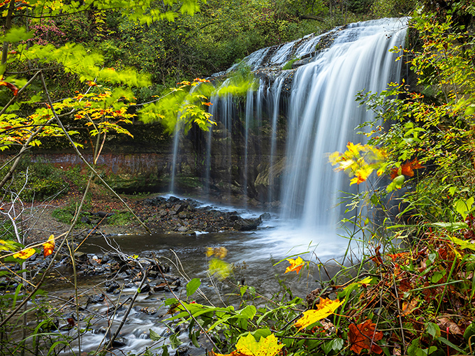 Fall's colorful backdrop transforms Cascade Falls into a painter's dream, with nature showing off its seasonal wardrobe.