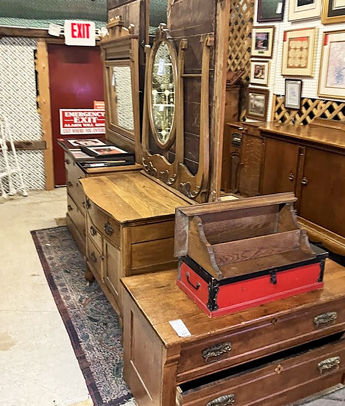 Vintage furniture awaits new homes, each piece telling silent stories of dinner parties and family gatherings from decades past.