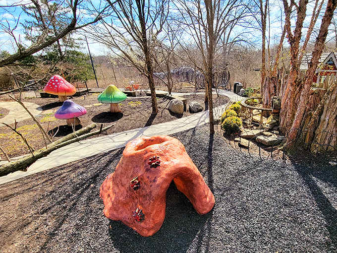 These aren't your grandmother's mushrooms! Colorful fungi sculptures create a whimsical playground straight out of Alice's wildest Wonderland dreams.
