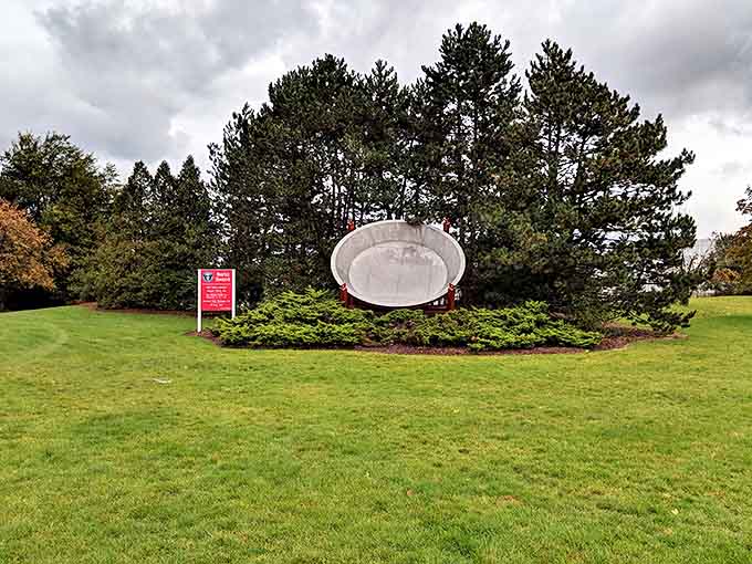 From this angle, the massive pie pan reveals its true scale&mdash;a concrete dish that could double as a kiddie pool in a pinch.