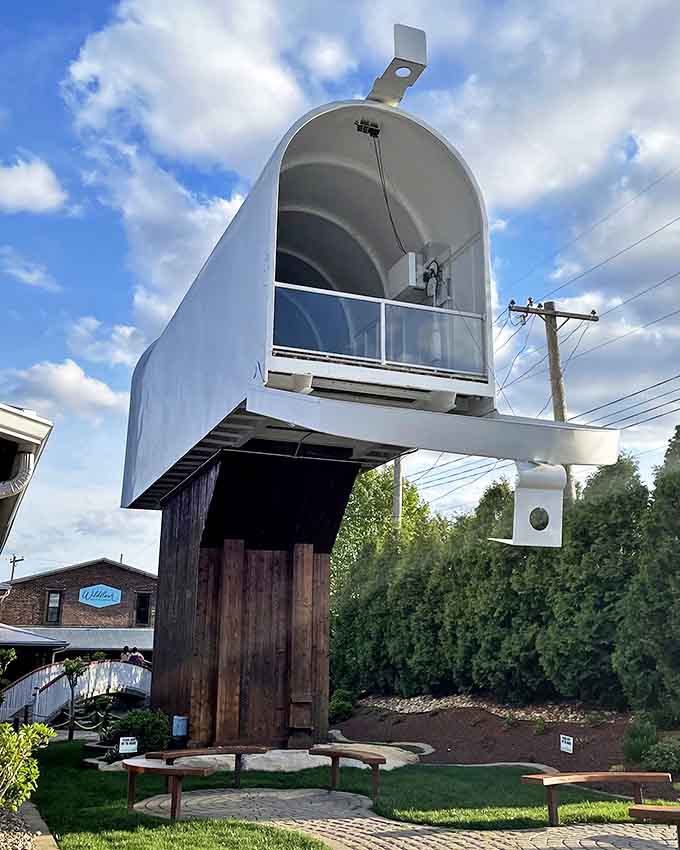 Talk about special delivery! This close-up reveals the mailbox's impressive scale and meticulous craftsmanship that turns everyday postal service into architectural wonder.
