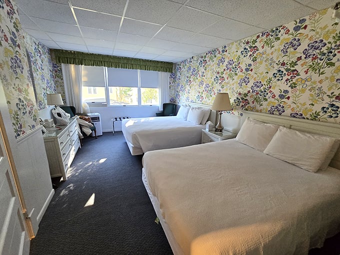 Floral wallpaper embraces crisp white linens in this guest room &ndash; grandma's house got a serious upgrade while keeping all the charm.