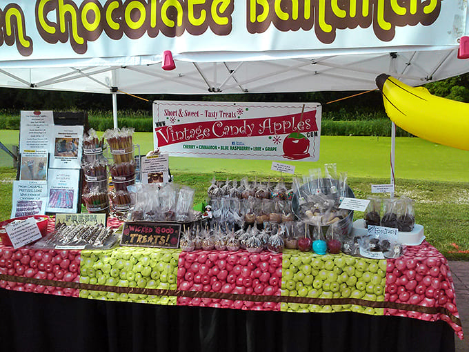 Those candy apples aren't messing around, looking like they graduated summa cum laude from Gourmet Dessert University with honors in making your dentist nervous.