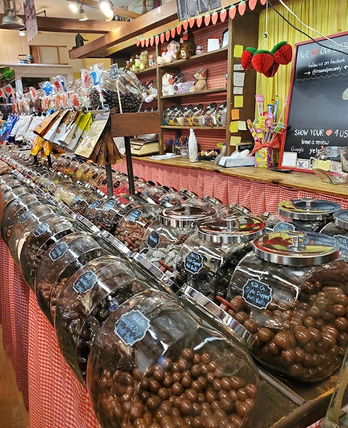 Glass jars filled with chocolate-covered delights line the counter, each one a testament to the art of candy-making.