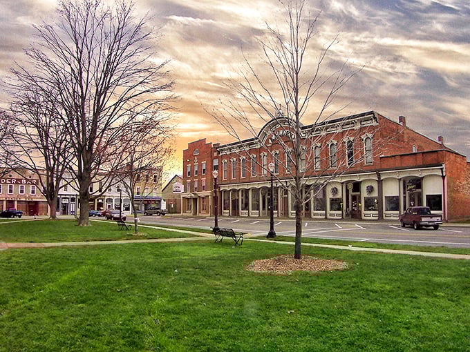 Downtown Milan captures that magical golden hour light, transforming brick facades into warm canvases of history and small-town charm.