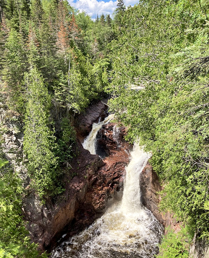 Falls: The Brule River makes its dramatic split here, with half continuing downstream while the other half disappears into the mysterious kettle.