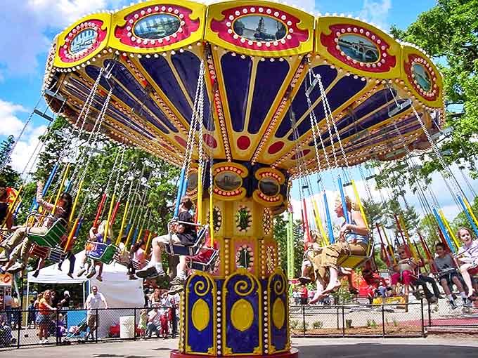 The classic swing ride sends visitors soaring through the air, creating that perfect stomach-dropping sensation that somehow translates to pure joy.