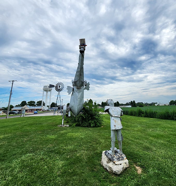 From this angle, the dragon's impressive profile showcases the detailed metalwork and engineering that transforms cold steel into a mythical beast.