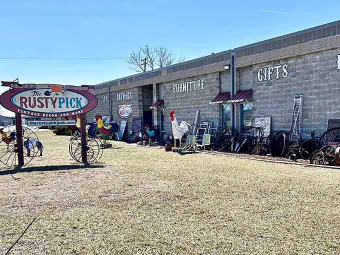 Colorful metal roosters stand sentinel outside this unassuming building that houses thousands of vintage treasures waiting to be discovered.