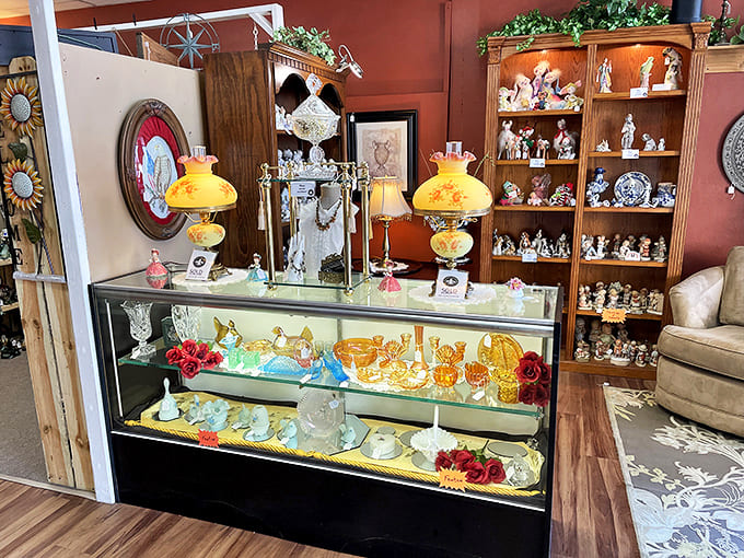 Vintage glassware and elegant lamps create a sophisticated display that would make any grandmother's china cabinet jealous of this collection.