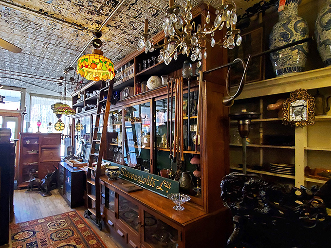 Wooden cabinets stretch toward ornate tin ceilings, creating narrow pathways through history where every turn reveals another era's treasures.