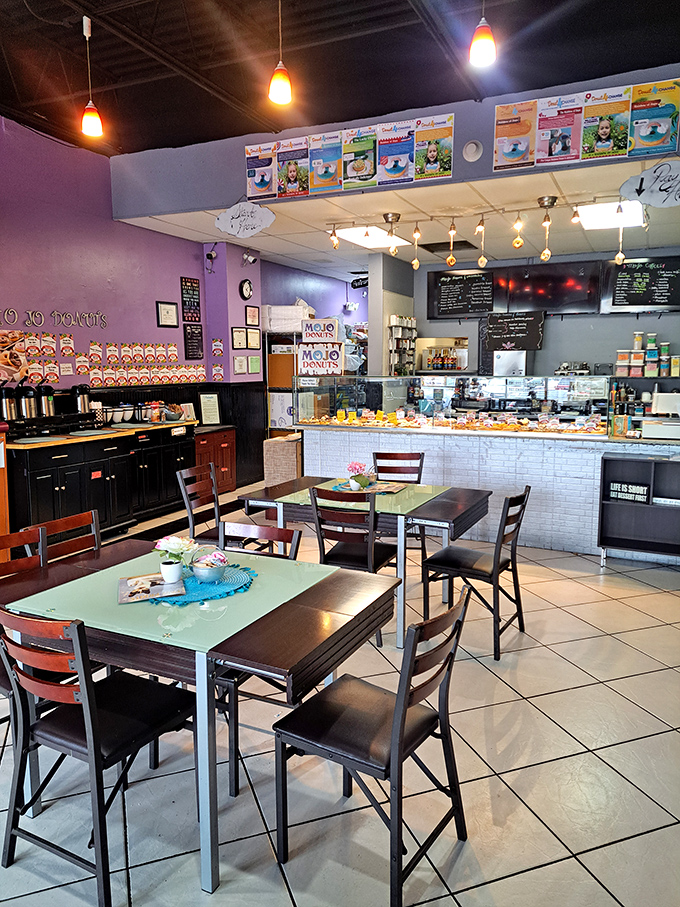 Purple walls and cozy seating create the perfect backdrop for serious donut contemplation &ndash; like a sugar-fueled think tank for your taste buds.
