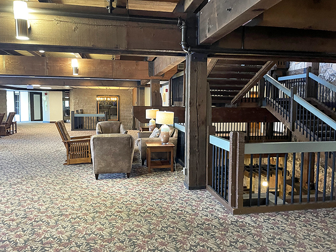 Exposed wooden beams and comfortable seating create the perfect "honey, I think we live here now" moment in Salt Fork's welcoming lobby.