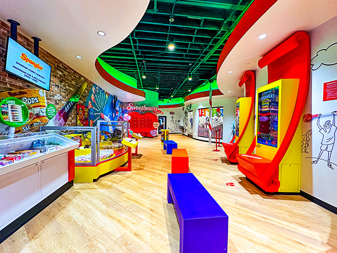 Step inside to a kaleidoscope of candy-colored joy where green ceiling beams and primary-colored displays create an immersive sugar-fueled wonderland.