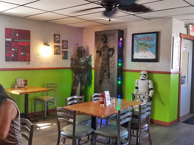 Where else can you enjoy a perfect cheesesteak while Han Solo watches from his carbonite prison? The decor here is serious business.