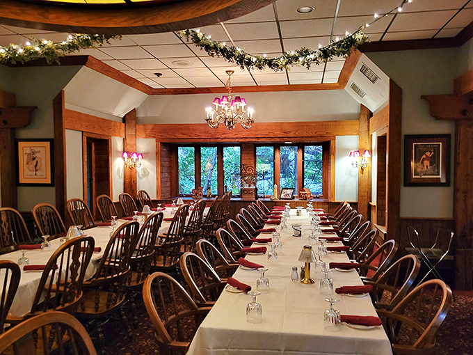 Long tables set with crisp white linens await special gatherings, while wooden beams and chandeliers create an atmosphere of medieval elegance.