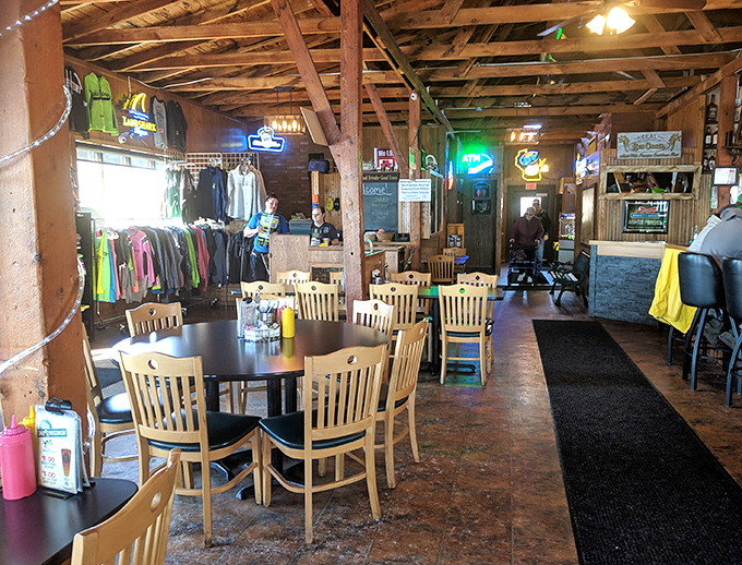 Step inside and discover a rustic interior where wooden beams, neon signs, and pickle passion create an atmosphere as comforting as a perfect dill.