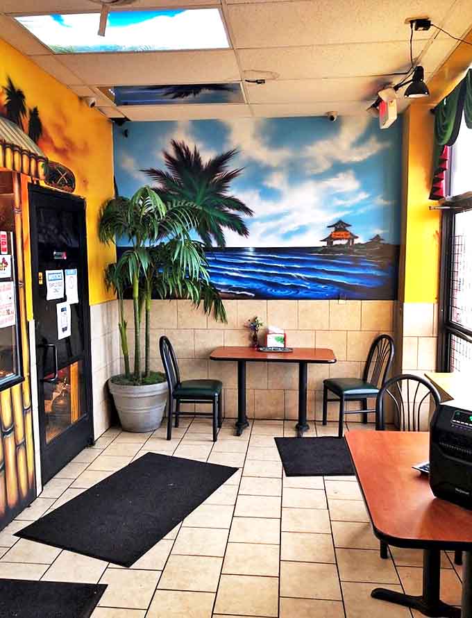 Inside Marino's, the classic black-and-white checkered floor and simple seating create an unpretentious atmosphere where food takes center stage.