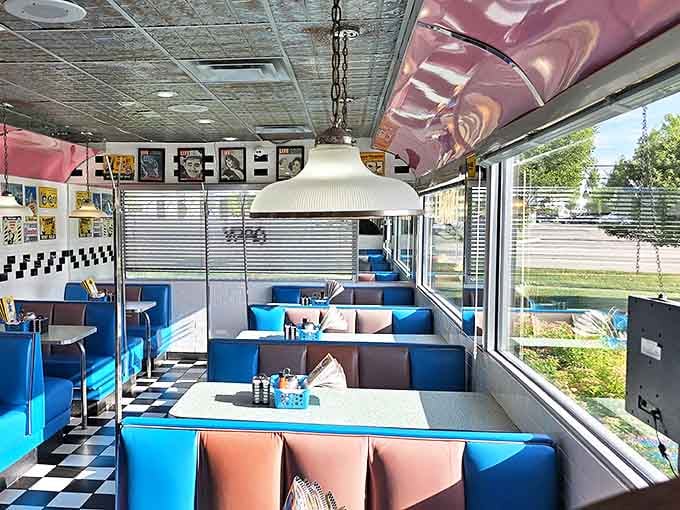 Step back in time with the classic blue and white checkered floor &ndash; a diner atmosphere where pie dreams come true.