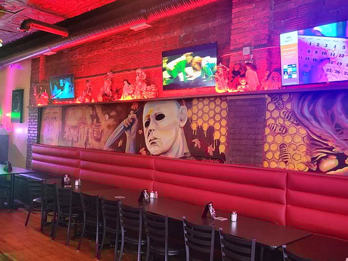 Horror movie murals transform ordinary dining into a cinematic feast. Michael Myers might be watching, but the food is to die for.