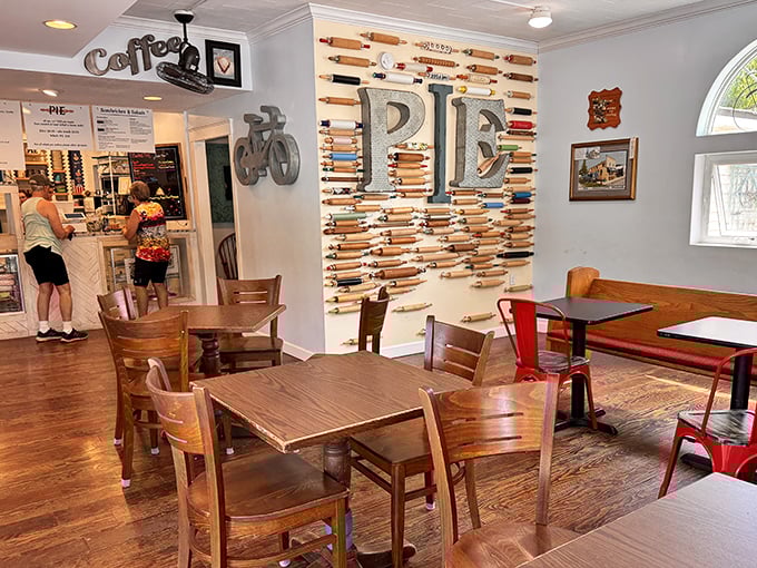 Rolling pins transform into art on this ingenious wall display, where giant metal "PIE" letters leave no doubt about what's important here.