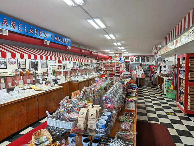 Step into a time warp where black and white checkered floors meet candy-striped awnings, creating the perfect backdrop for sugar-fueled memories.