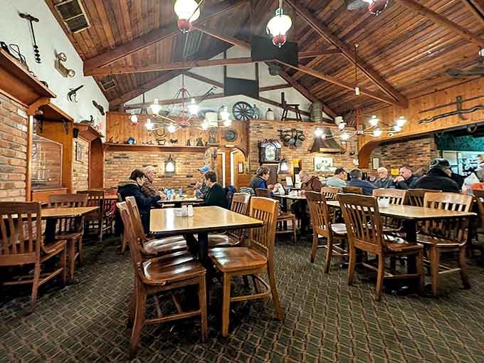 Wood paneling and vintage charm create a dining room that feels like your coolest uncle's finished basement, except with way better food and actual elbow room.
