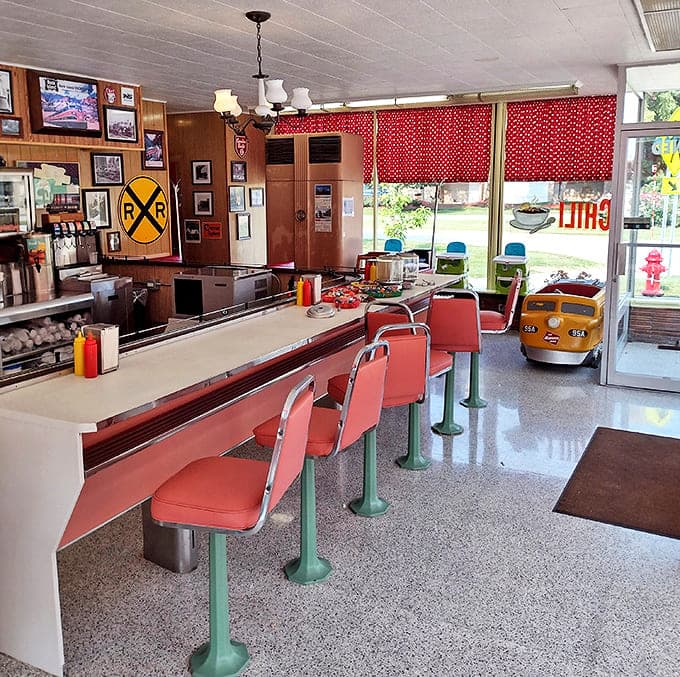 Step back in time with classic counter seating, vintage red vinyl stools, and railroad memorabilia that transforms a meal into a nostalgic journey.