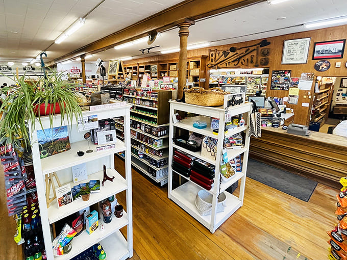 Wooden floors and well-stocked shelves create an atmosphere where shopping becomes an unhurried pleasure rather than a chore.