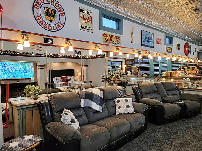 Vintage meets comfort in the living room, where period-appropriate furnishings create a cozy space to unwind after playing soda fountain proprietor.