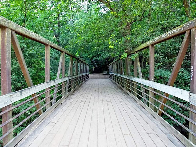 The wooden bridge along the trail invites hikers into a world where rushing water and forest serenity create nature's perfect soundtrack.