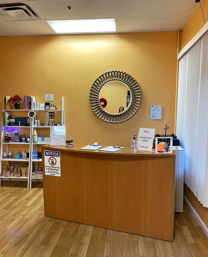 The reception area greets visitors with warm tones and thoughtful touches, setting the stage for the relaxation journey ahead.