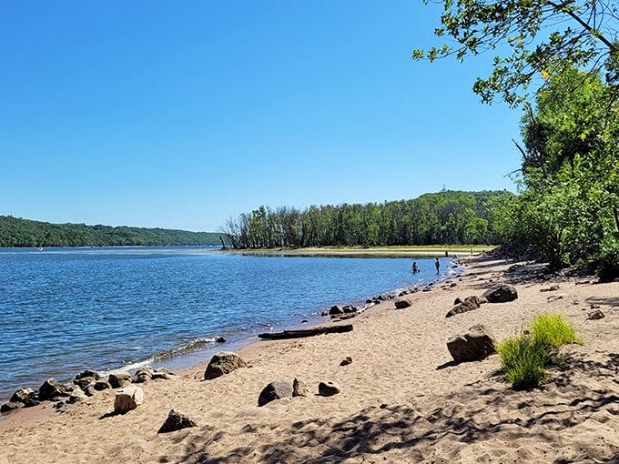 The St. Croix River curves gently through sandy shores, inviting visitors to dip their toes or cast a line in its crystal-clear waters.