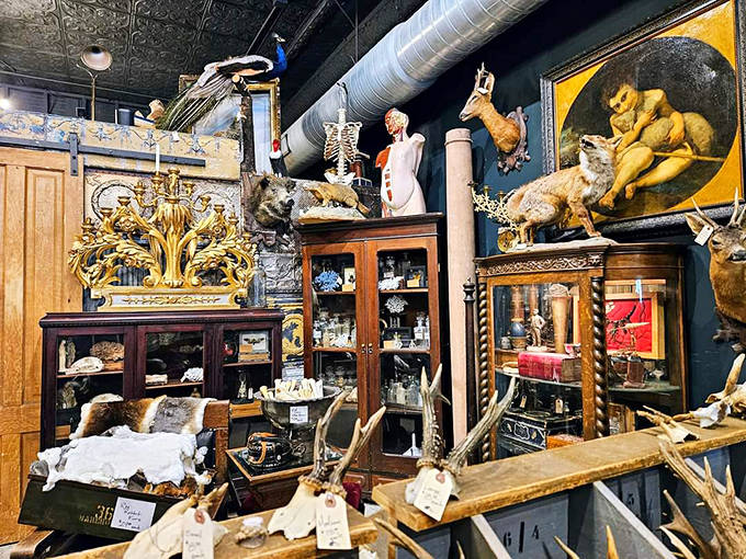 Antique cabinets burst with historical oddities &ndash; each shelf a miniature museum where vintage treasures await discovery by the right curious soul.