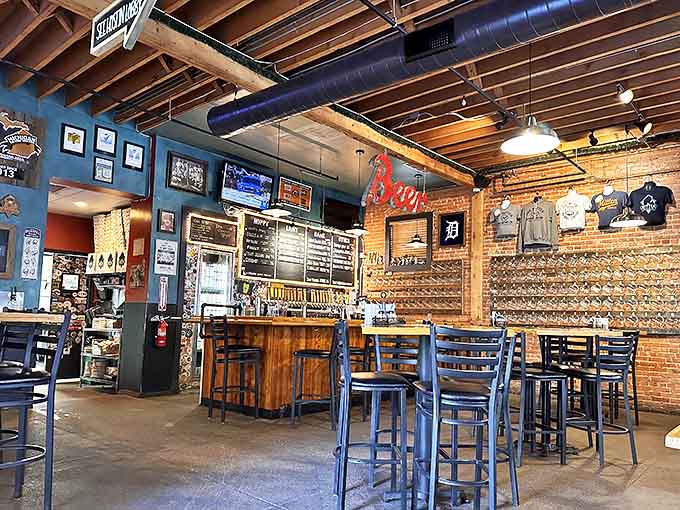 Exposed beams, brick walls, and baseball memorabilia create an atmosphere where every seat feels like the best in the house.