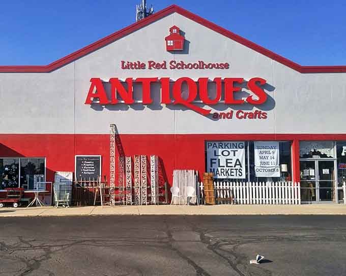 The Little Red Schoolhouse lives up to its name with a bright red exterior that houses a massive collection of antiques and vintage treasures.