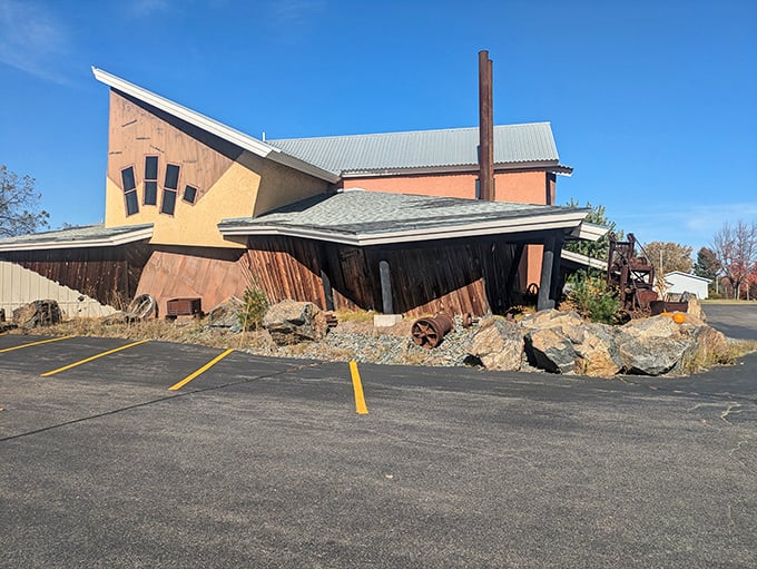 Mining for dinner? This tilted, rustic exterior of Wausau Mine Company looks like it might have survived a cave-in!