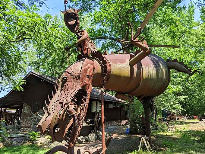 This fantastical metal creature showcases the incredible artistry at Jurustic Park, where discarded materials transform into magical beasts.