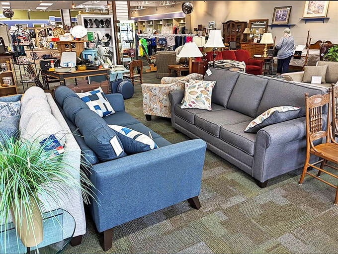 Stylish furniture displays at New 2 You showcase quality sofas and chairs that look barely used. Department store vibes, thrift store prices!