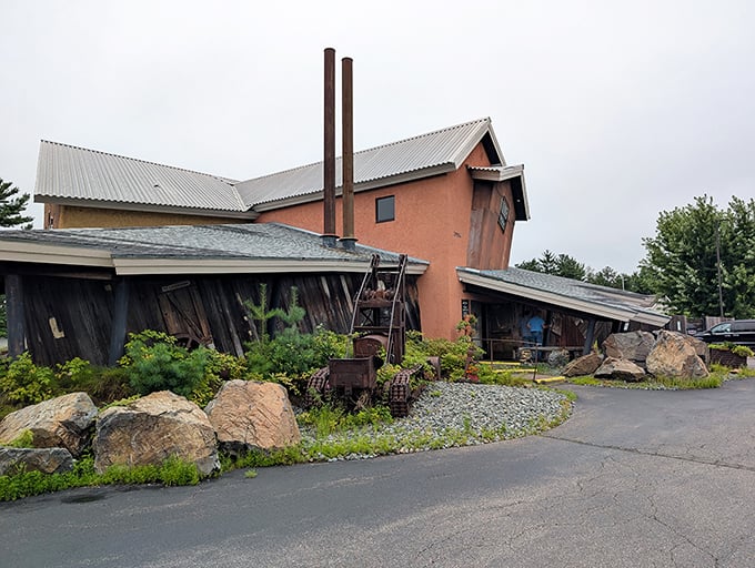 Rustic charm meets mining history at this uniquely designed restaurant where the slanted walls are just the beginning of the adventure.