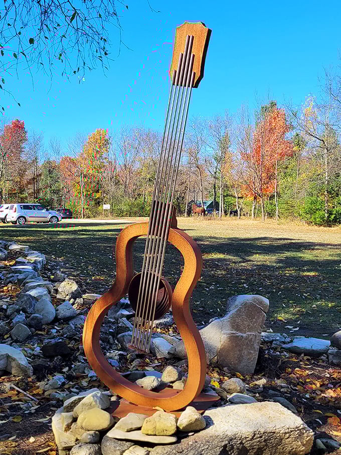 Music meets sculpture in this oversized guitar installation &ndash; strumming a visual chord against the Wisconsin sky.