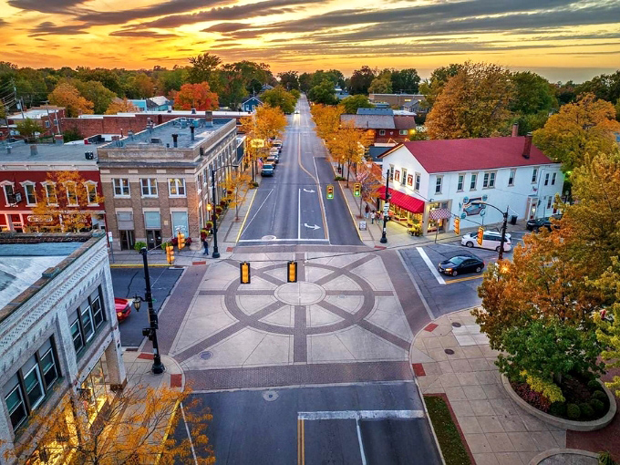 Downtown Vermilion from above looks like someone spilled a box of perfectly arranged architectural Legos around that distinctive compass rose intersection.